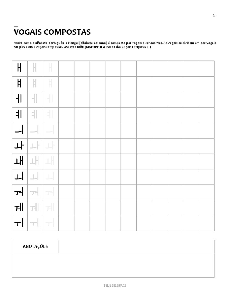 Treinando a escrita das vogais compostas do alfabeto coreano Hangul | PDF