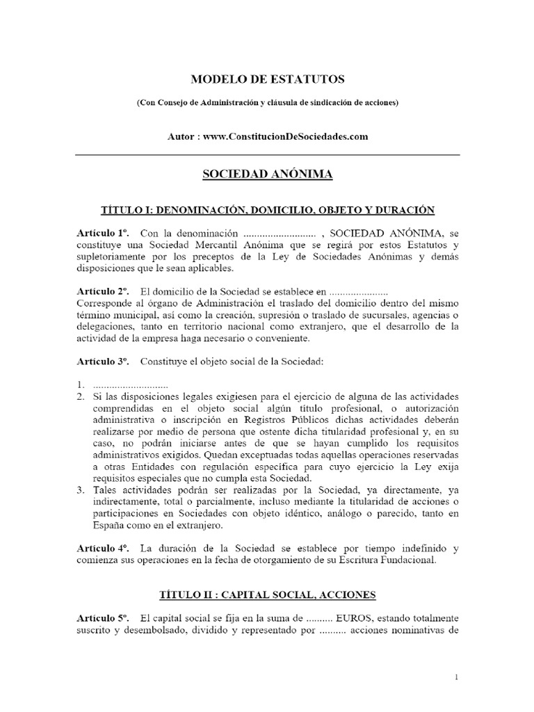MODELO DE ESTATUTOS SOCIEDAD ANÓNIMA - PDF | PDF