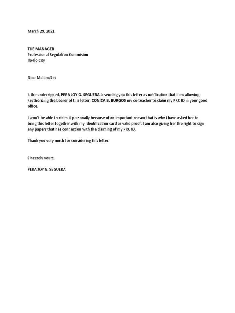 Authorization Letter PRC | PDF