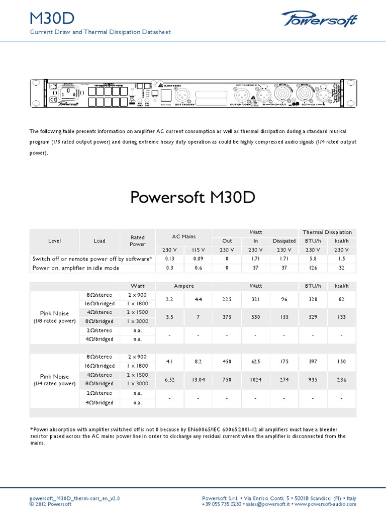 Powersoft M30D: Current Draw and Thermal Dissipation Datasheet | PDF ...