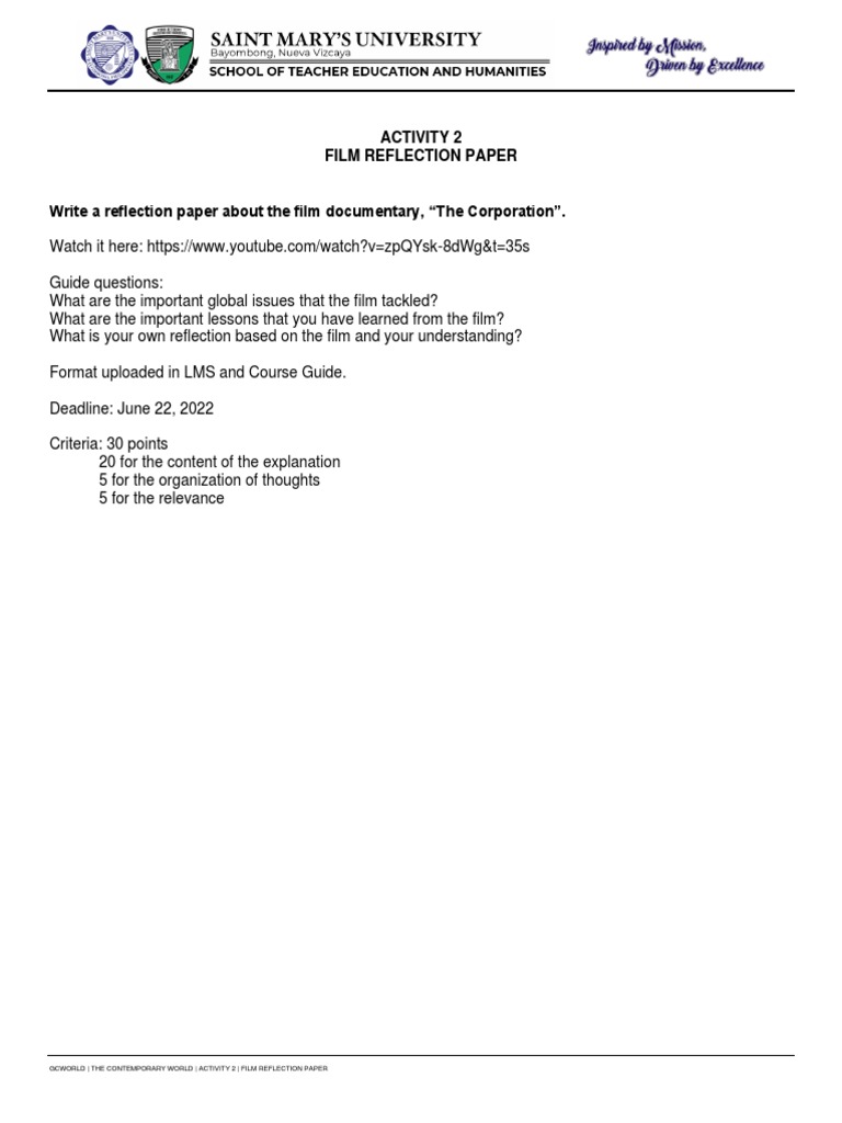 Gcworld - The Contemporary World - Activity 2 - Film Reflection Paper ...