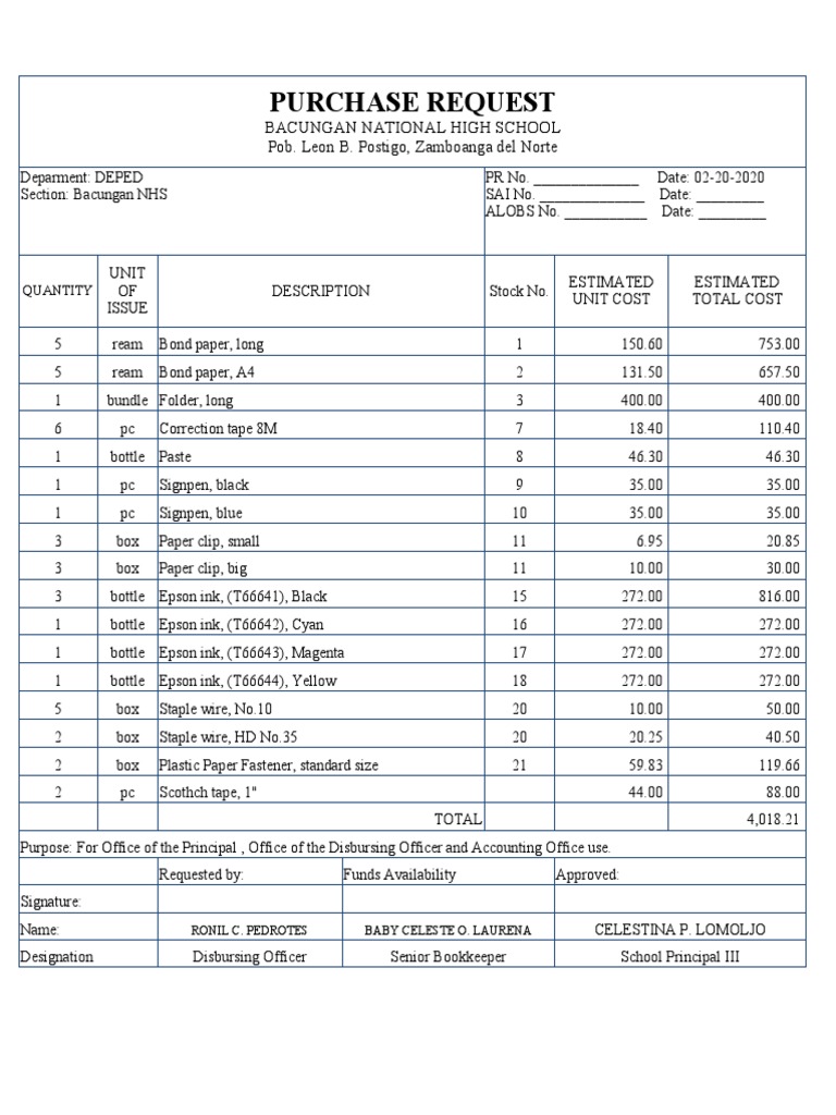 Purchase Request: Bacungan National High School Pob. Leon B. Postigo ...