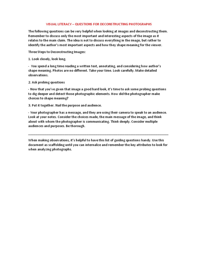 Visual Literacy - Questions For Deconstructing Photographs | PDF ...