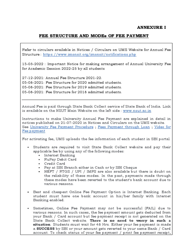 Annual Fee Structure and MODEs of Fee Payment | PDF | Payments | Banks