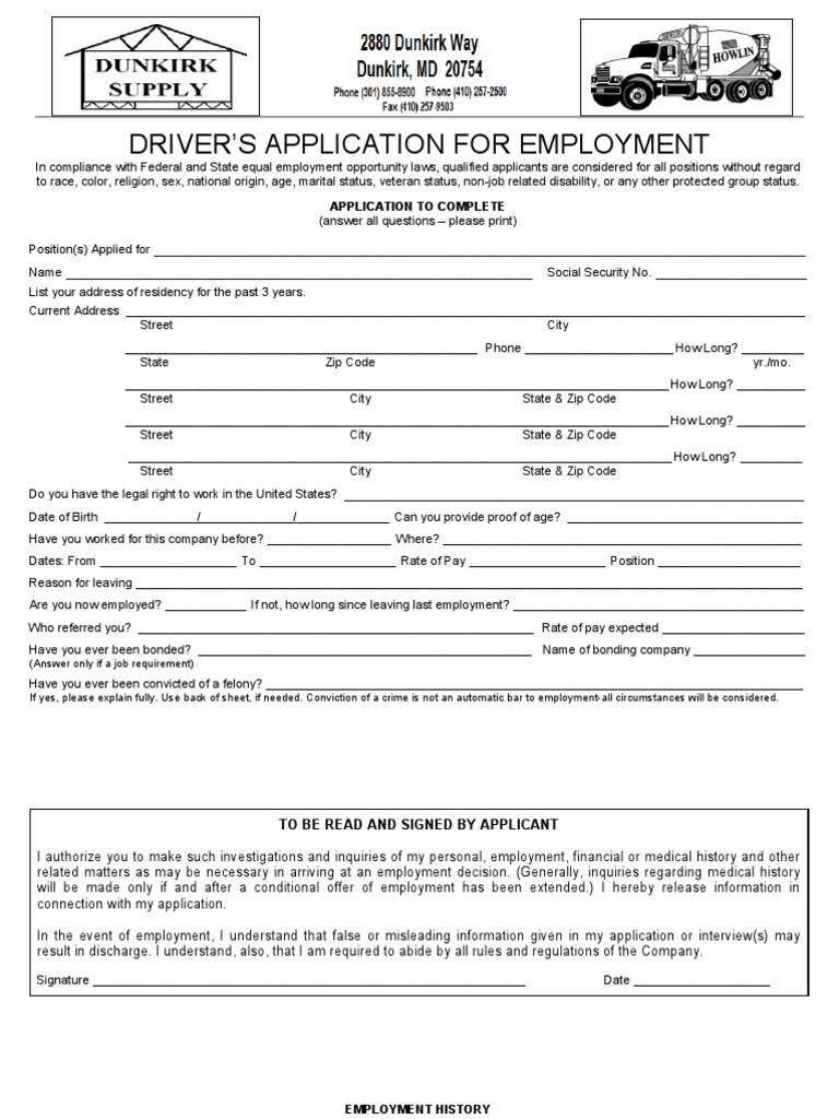 Drivers Application Employment | PDF | Trailer (Vehicle) | Truck