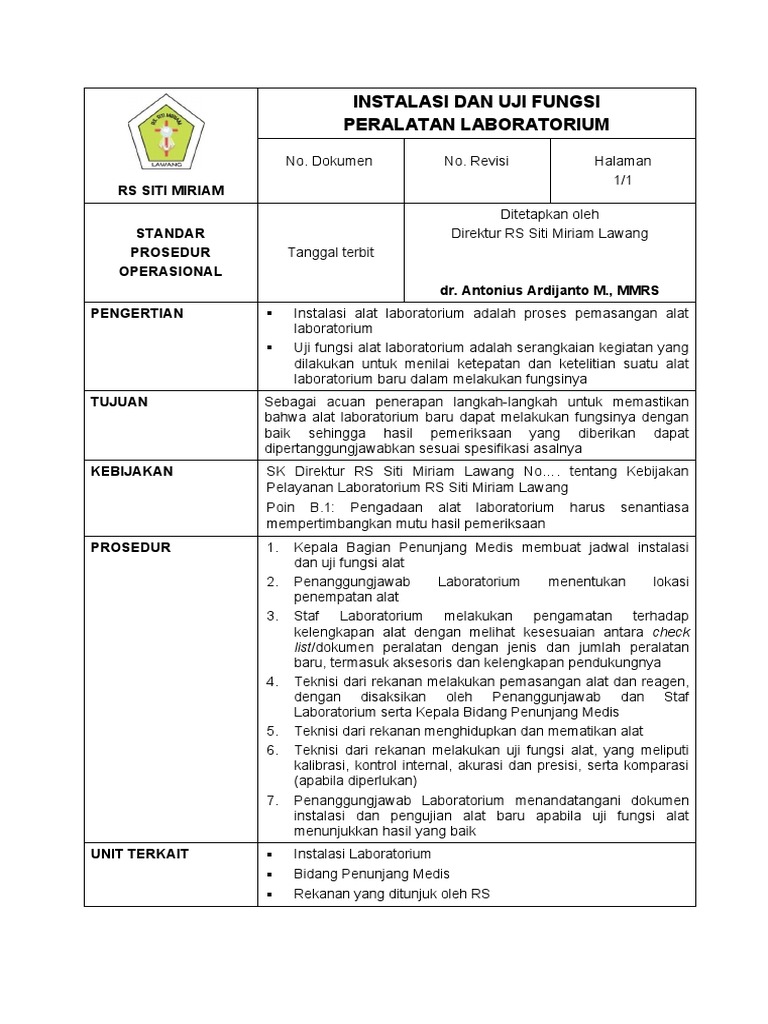 SPO Instalasi Dan Uji Fungsi Peralatan Laboratorium | PDF