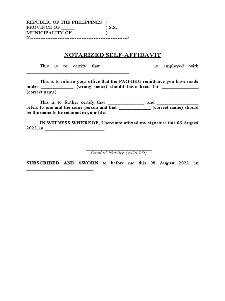 Notarized Self Affidavit PAG IBIG | PDF