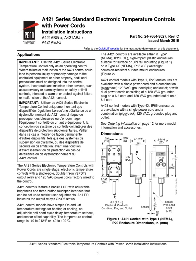 A421 Series Standard Electronic Temperature Controls With Power Cords ...