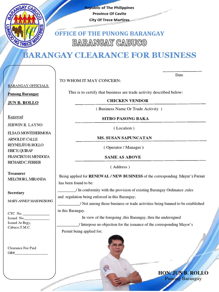 Barangay Clearance For Business: Office of The Punong Barangay | PDF