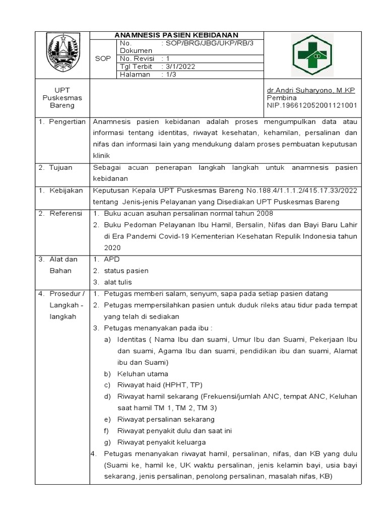 Sop - RB - 3 Anamnesis Pasien Kebidanan | PDF