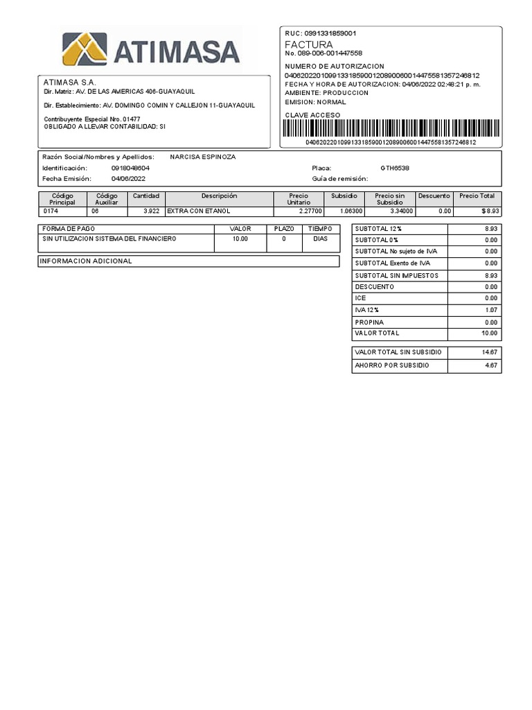 Factura: Atimasa S.A | PDF | Gobierno | Economias
