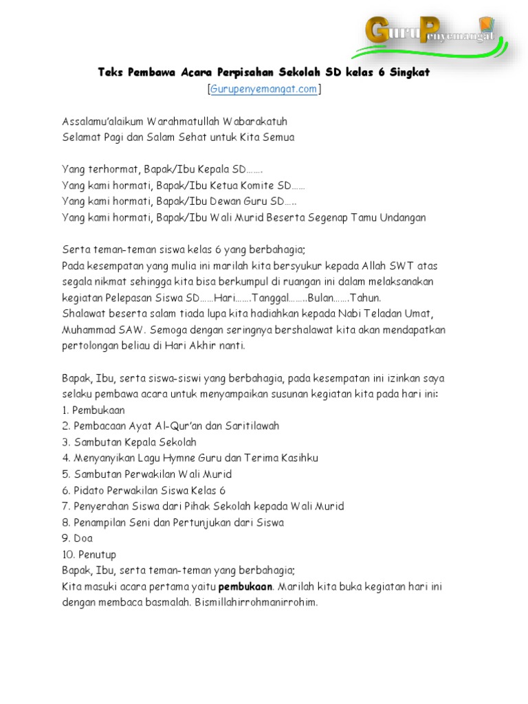 Teks Pembawa Acara Perpisahan Sekolah SD Kelas 6 Singkat | PDF