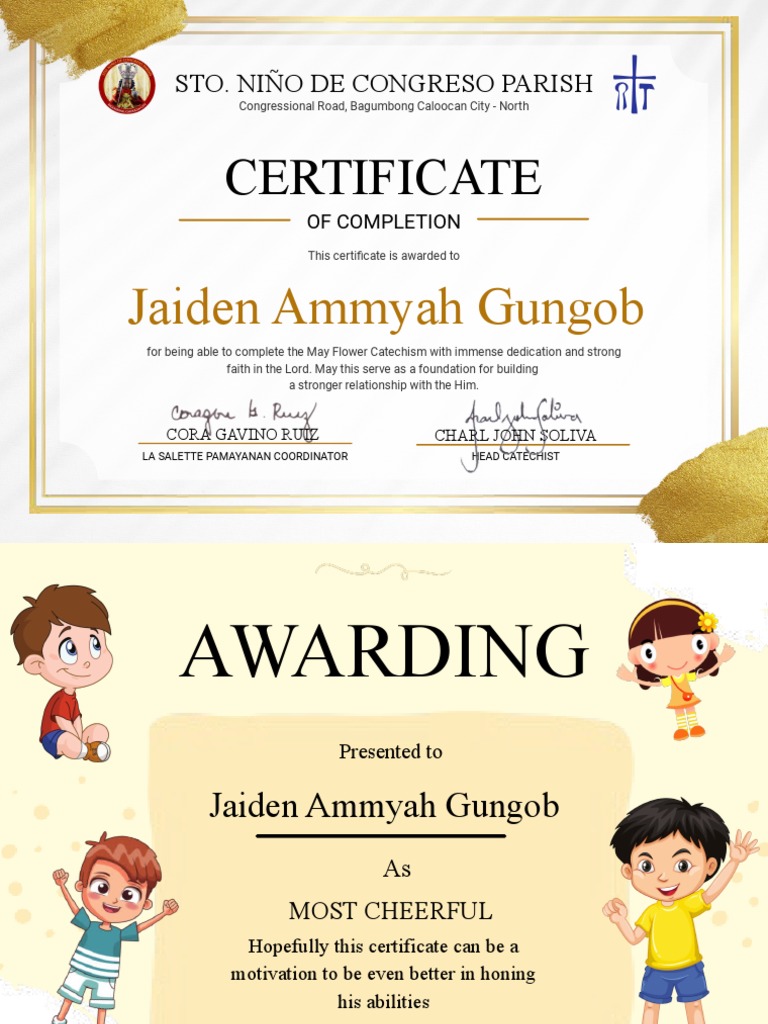 Certificate: Jaiden Ammyah Gungob | PDF | Catechism | Religious Books