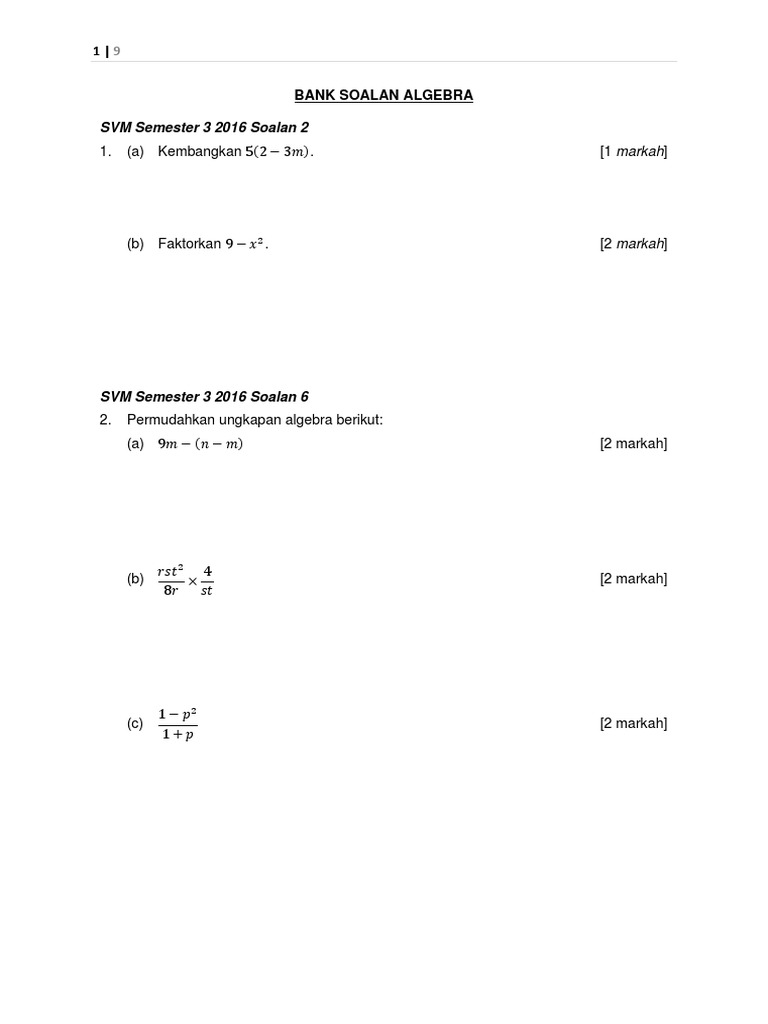 Bank Soalan Algebra | PDF