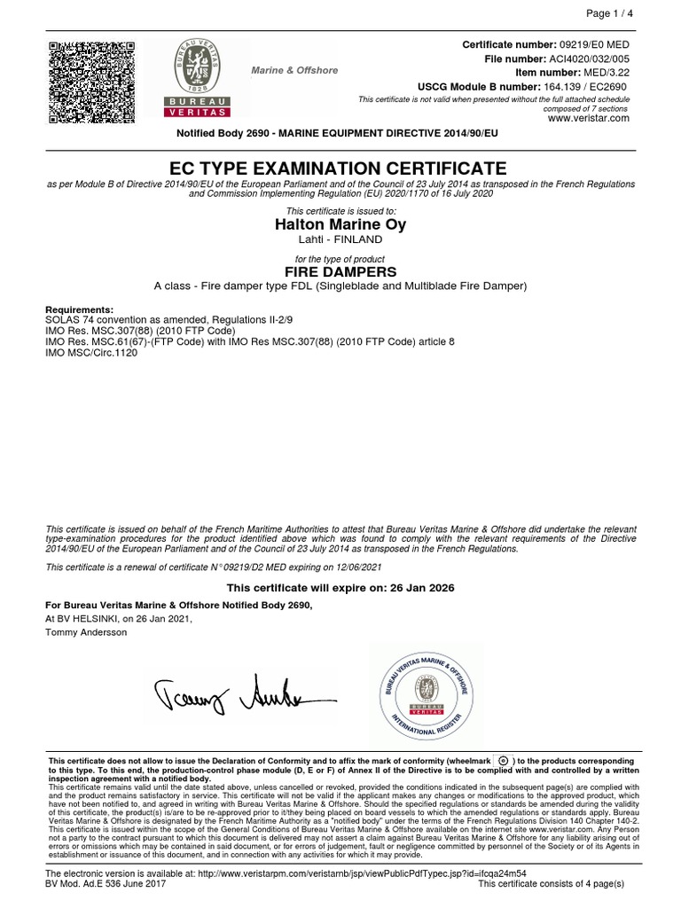 Fire Damper Certification for Halton Marine | PDF
