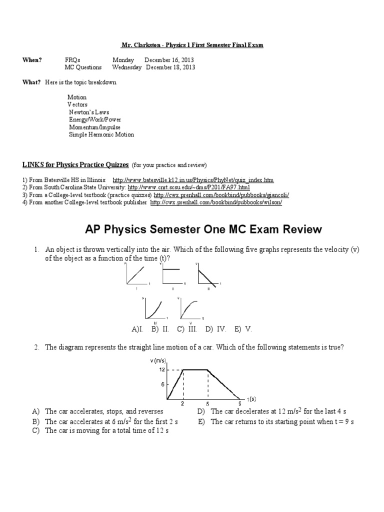 AP Physics Semester One MC Exam Review | PDF | Collision | Force