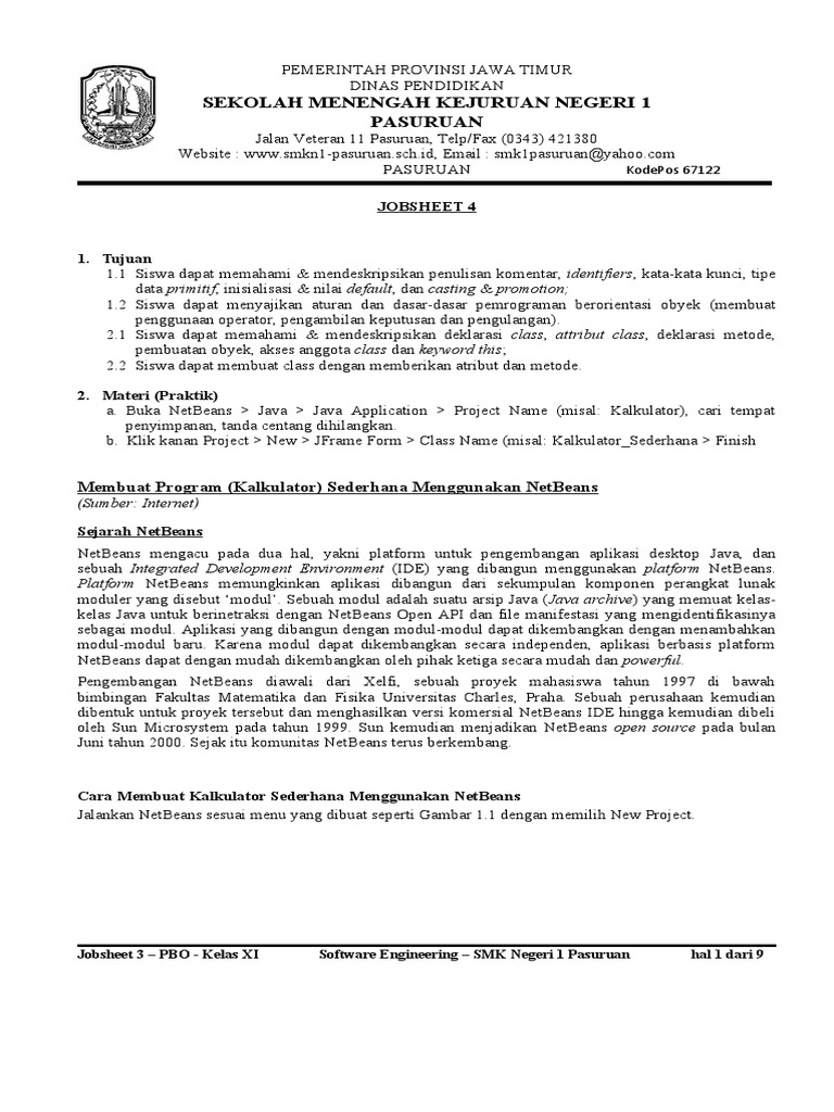 JOBSHEET Membuat Program KALKULATOR | PDF