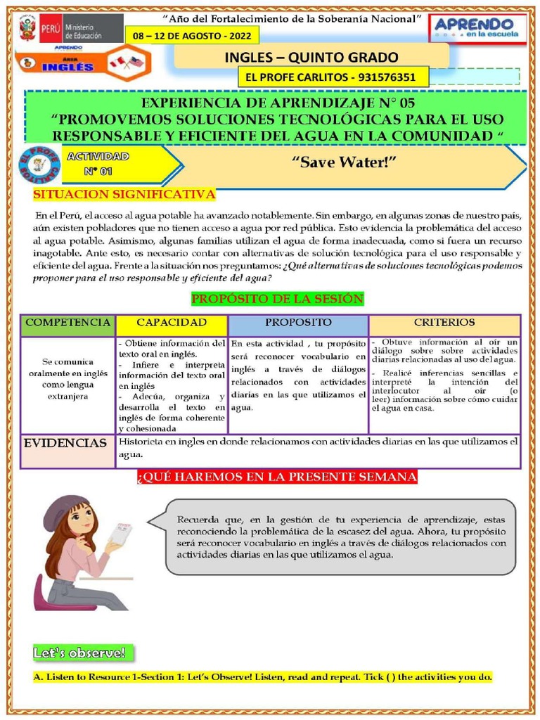 Experiencia de Aprendizaje #05 - Actividad 01 - 5to Grado - Ingles - 00001 | PDF