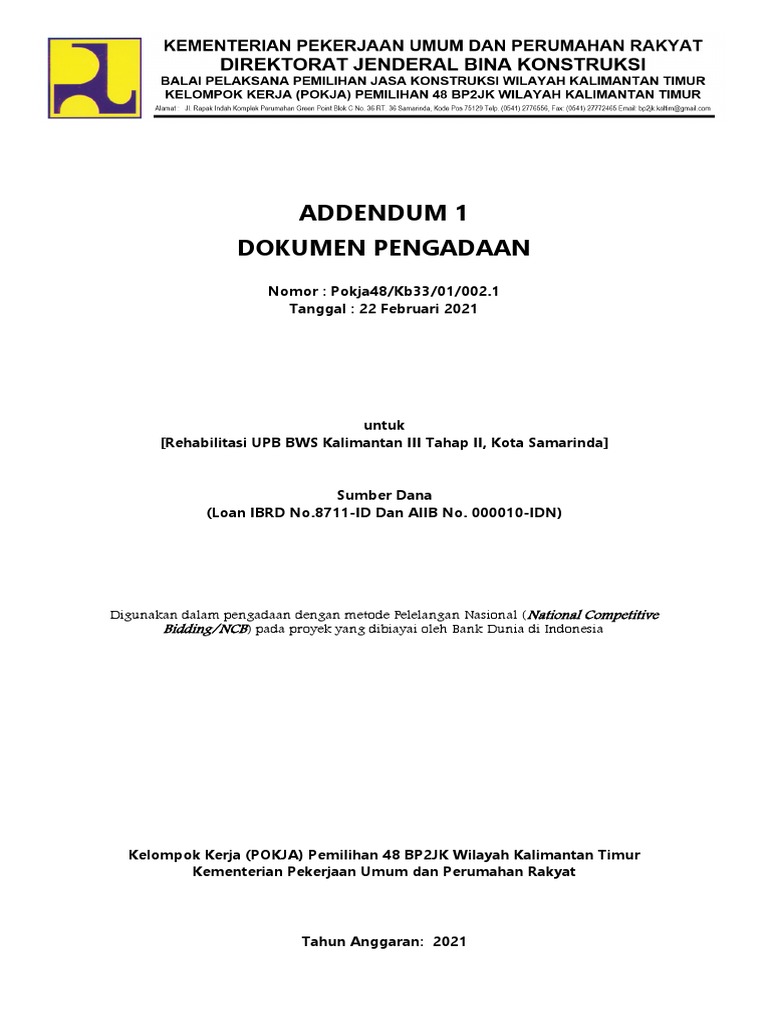 01 Addendum Rehabilitasi UPB BWS Kalimantan III Tahap II (Harmonized NCB BD For Procurement of ...