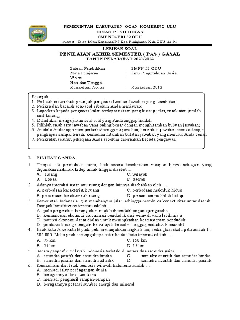 Soal PAS IPS Kelas 7 K13 YENI PUSPITASARI | PDF