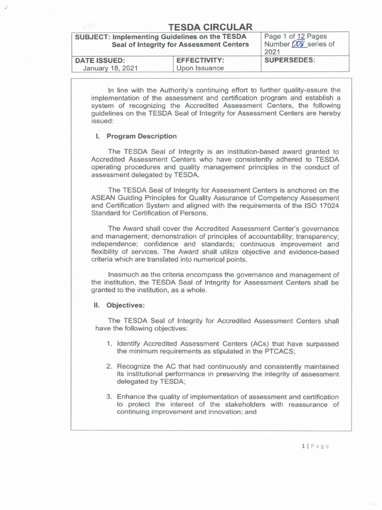 TESDA Seal of Integrity Guidelines | PDF | Business
