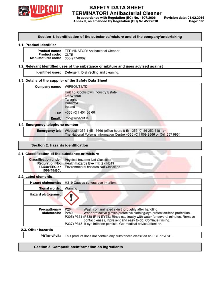 Safety Data Sheet TERMINATOR! Antibacterial Cleaner | PDF ...