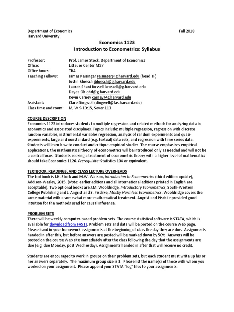 Economics 1123 Introduction To Econometrics: Syllabus: Course ...