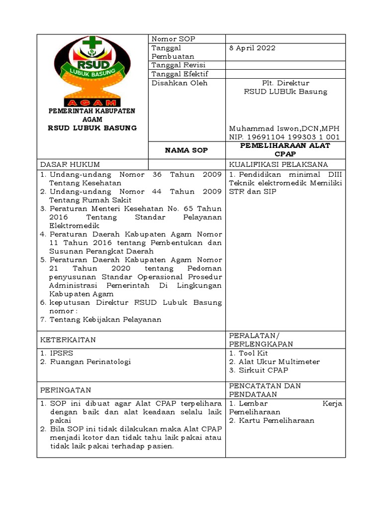 SOP Pemeliharaan Alat CPAP | PDF | Pengembangan Diri