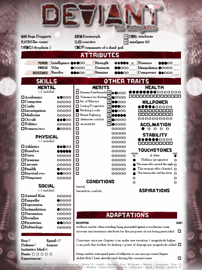 Deviant The Renegades Digital Character Sheet! | PDF
