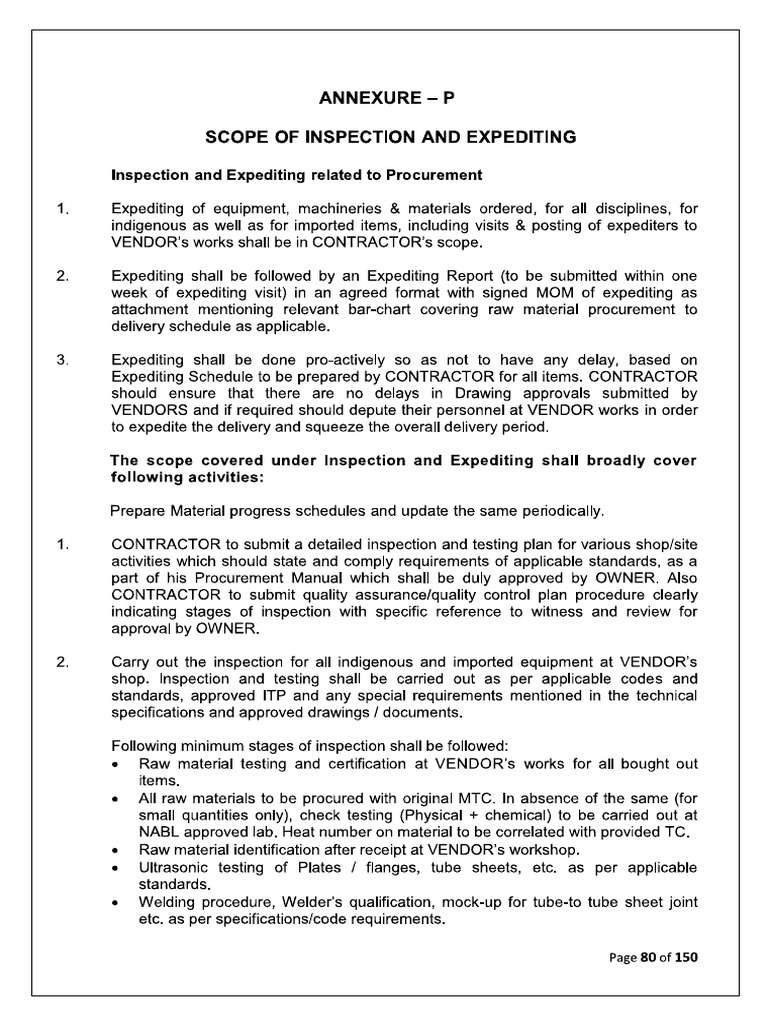 Annexure - P - Scope of Inspection and Expediting | PDF