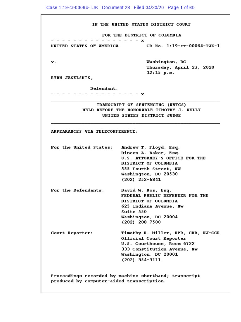 Ryan Jaselskis, Transcript of Sentencing Hearing Held On April 23, 2020 ...