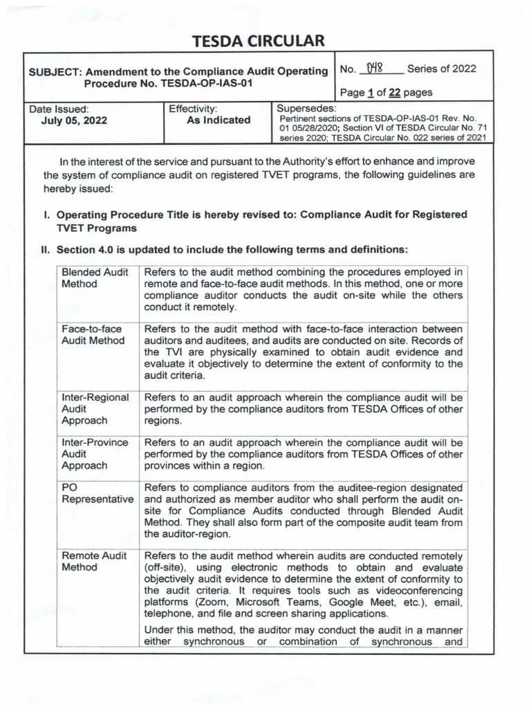 TESDA Circular No. 048-2022 | PDF | Audit | Auditor's Report