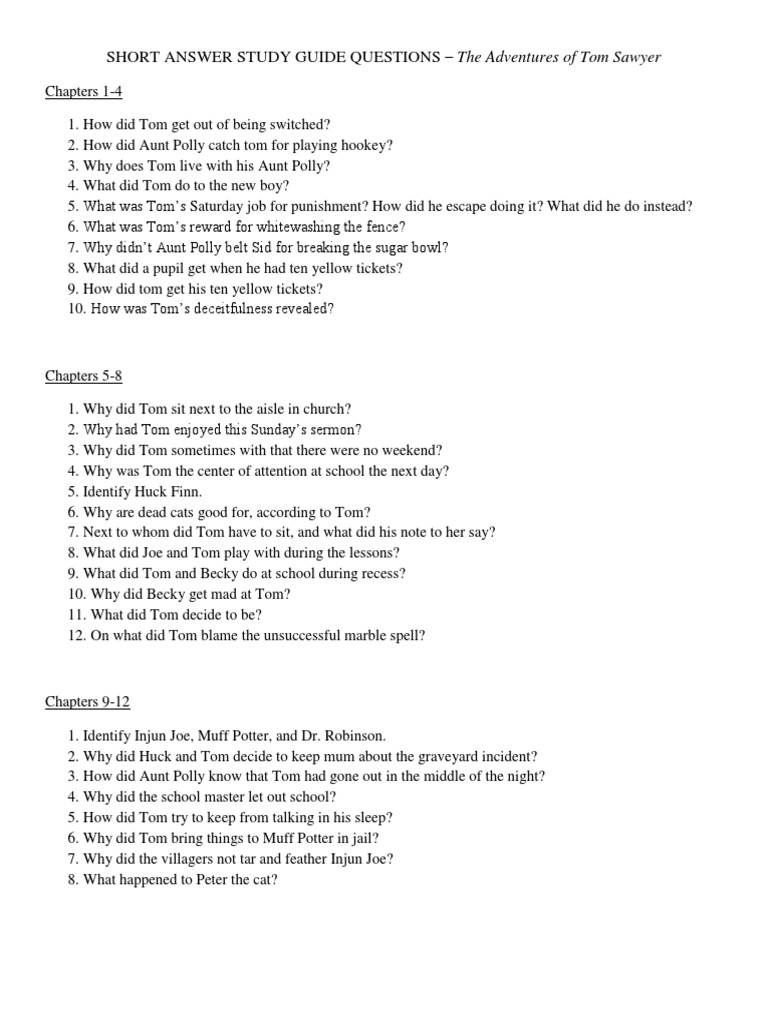 Short Answer Study Guide Questions - The Adventures of Tom Sawyer | PDF ...