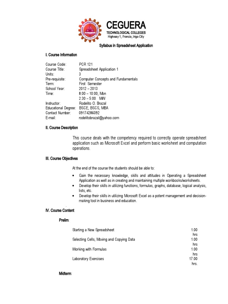 Course Syllabus For PCR 121 Spreadsheet PDF Spreadsheet