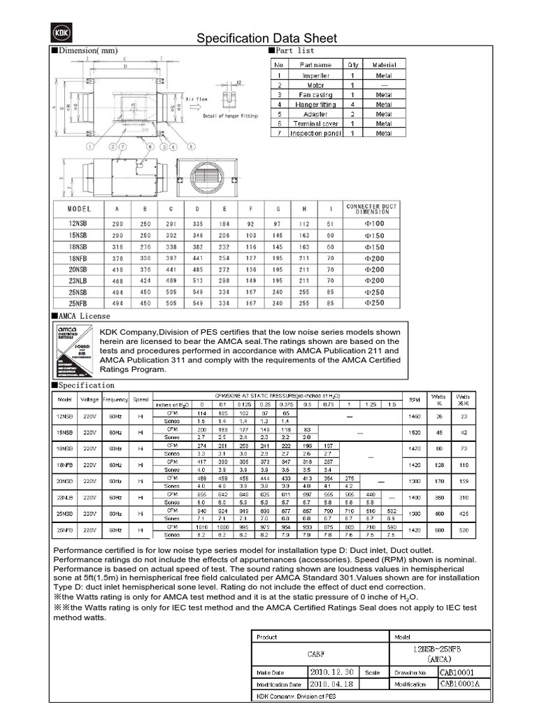 KDK Fan Specification Sheet | PDF | Duct (Flow) | Specification ...