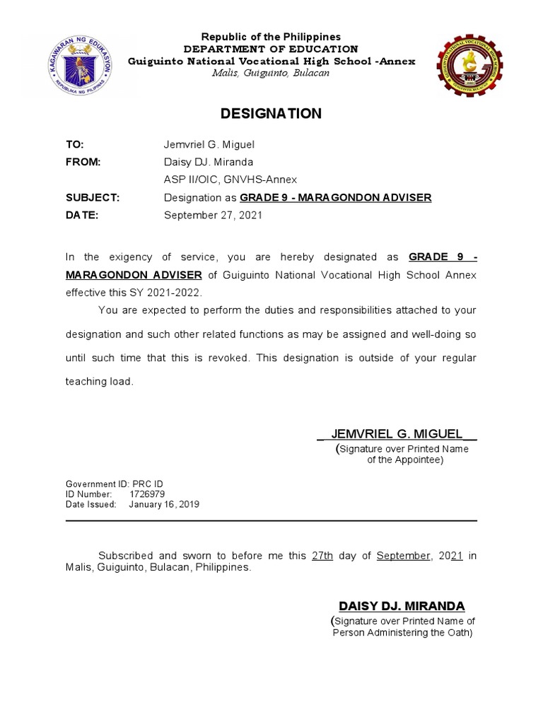 Designation: Republic of The Philippines Department of Education ...