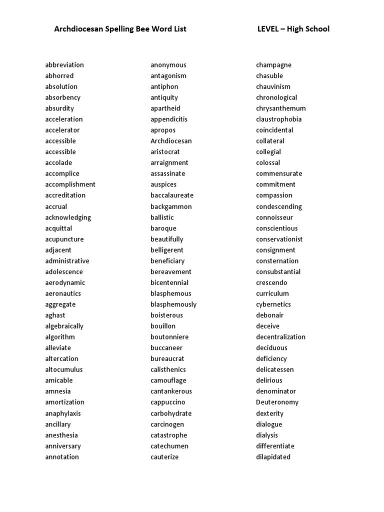 Archdiocesan Spelling Bee Word List LEVEL - High School | PDF