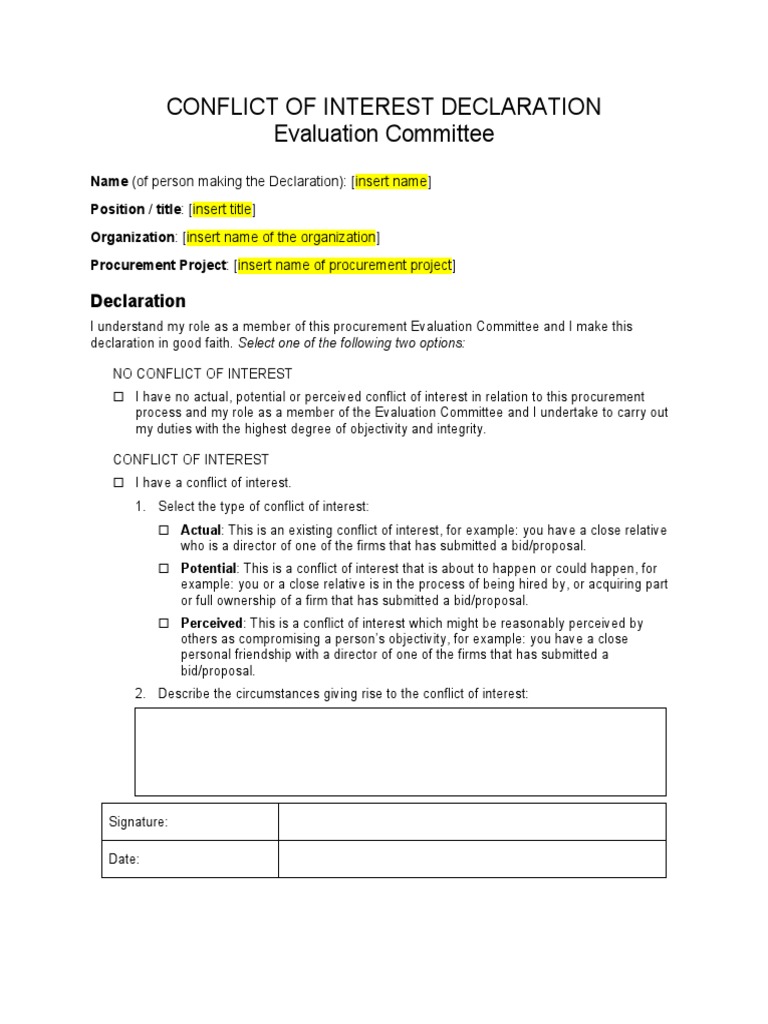 Conflict of Interest Declaration Template | PDF | Conflict Of Interest | Procurement