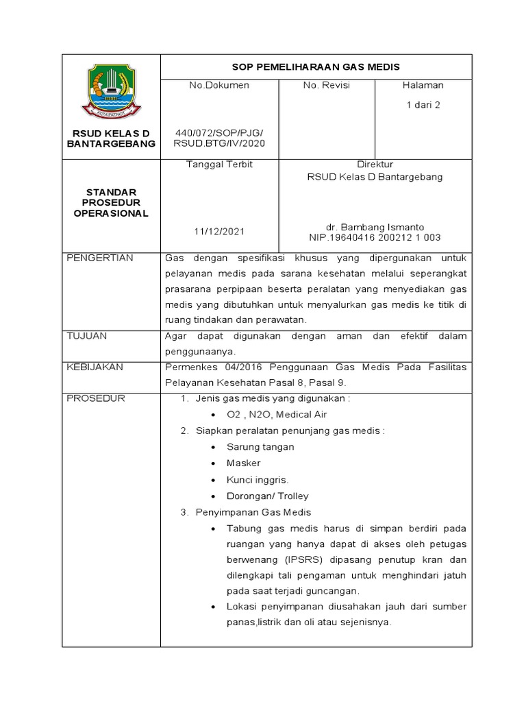 Sop Pemeliharaan Gas Medis | PDF