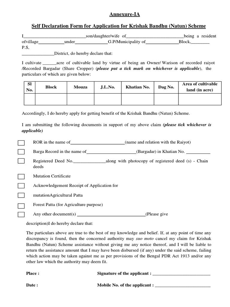 Annexure-IA Self Declaration Form For Application For Krishak Bandhu ...