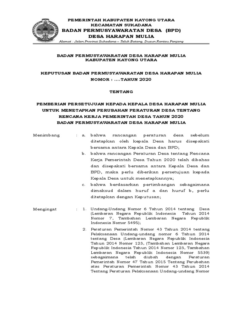 Persetujuan Dan Ba BPD Tentang Rkpdes TH 2019 | PDF