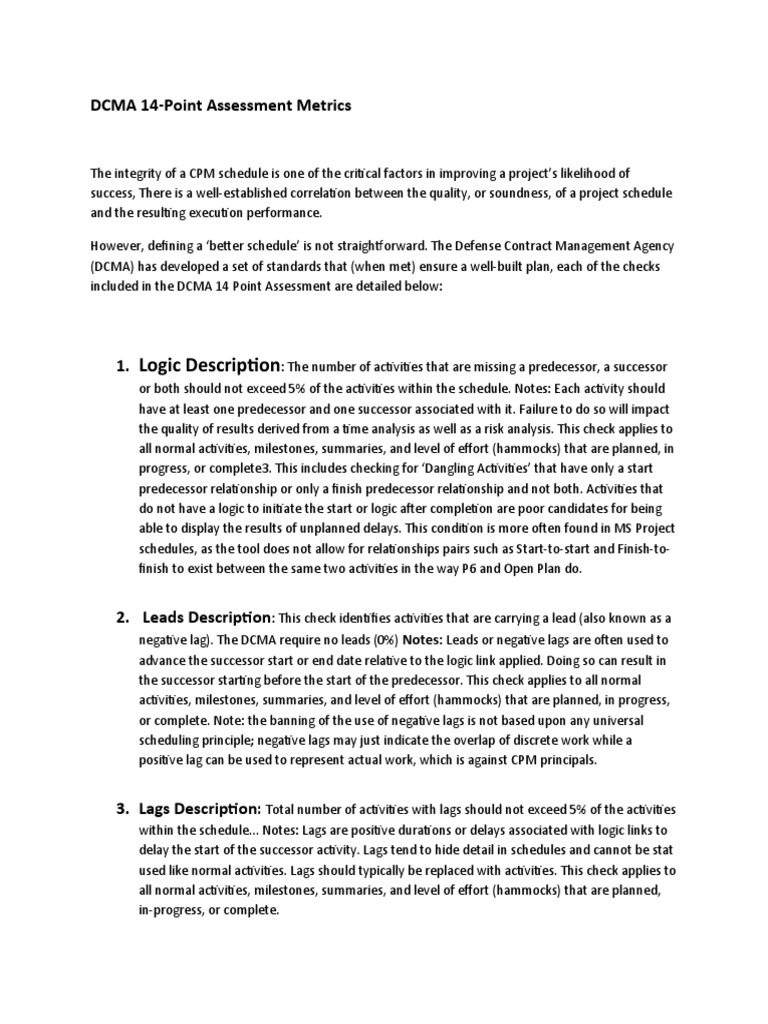 Evaluating Schedule Quality Using the DCMA 14-Point Assessment Metrics ...
