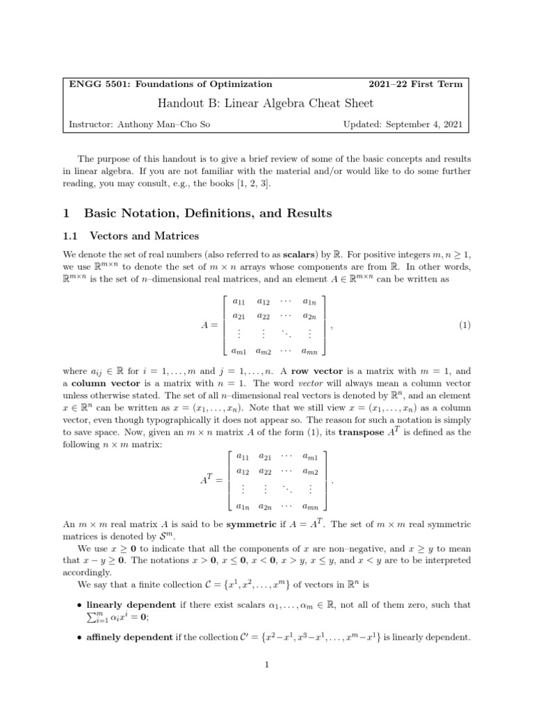 Handout B: Linear Algebra Cheat Sheet: 1.1 Vectors and Matrices | PDF ...