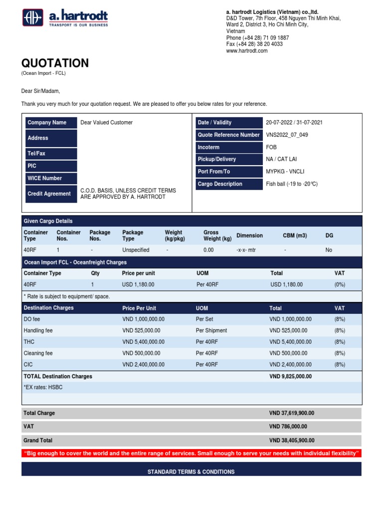 Quotation: (Ocean Import - FCL) | PDF | Cargo | Fee