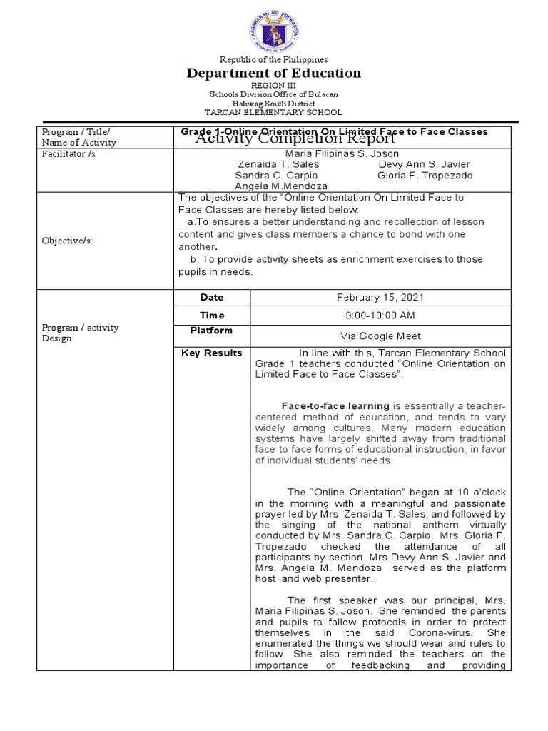 Activity Completion Report: Department of Education | PDF | Teachers ...
