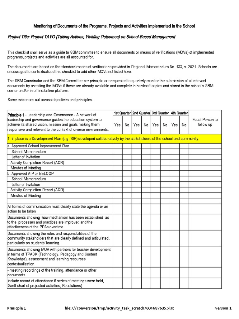 Checklist On Monitoring of MOVs On SBM | PDF | Educational Assessment ...