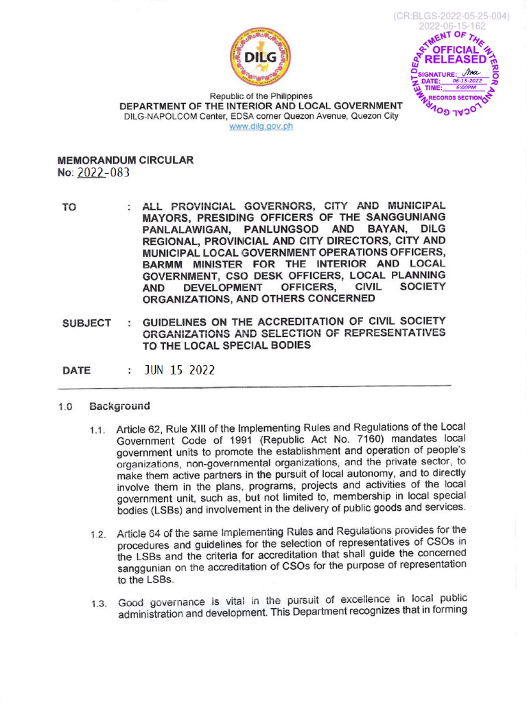 DILG MC 2022-083 CSO Accreditation | PDF