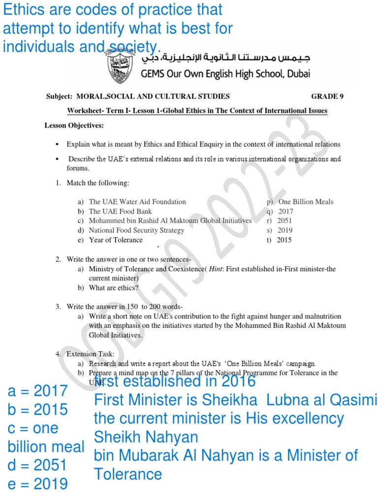 Worksheet UNIT 1 Lesson 1-Global Ethics in The Context of International ...