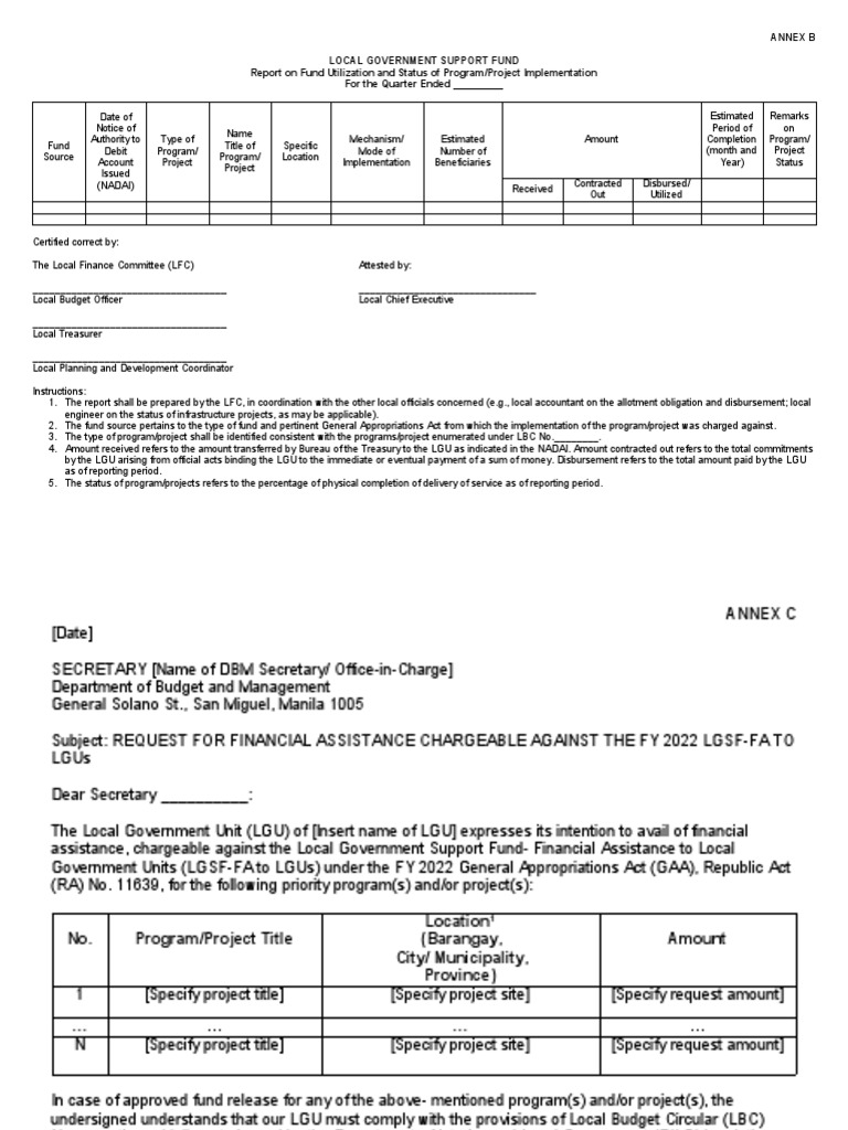 Annex B Local Government Support Fund Report On Fund Utilization And Status Of Program Project