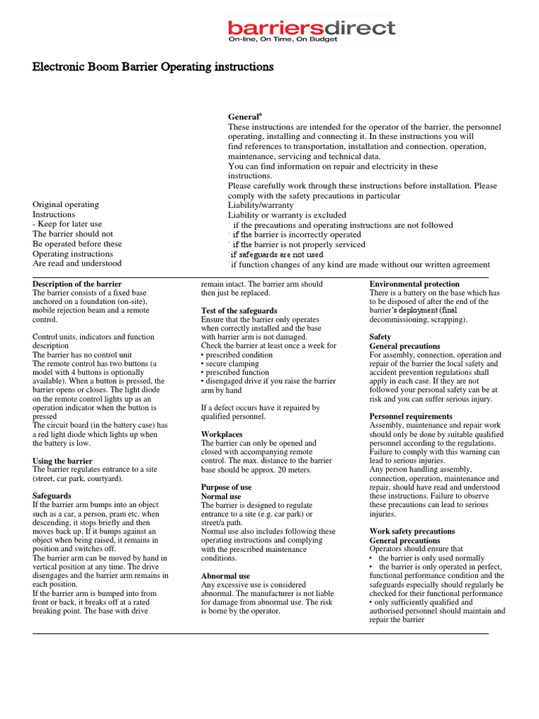 Electronic Boom Barrier Operating Instructions: General | PDF | Safety ...